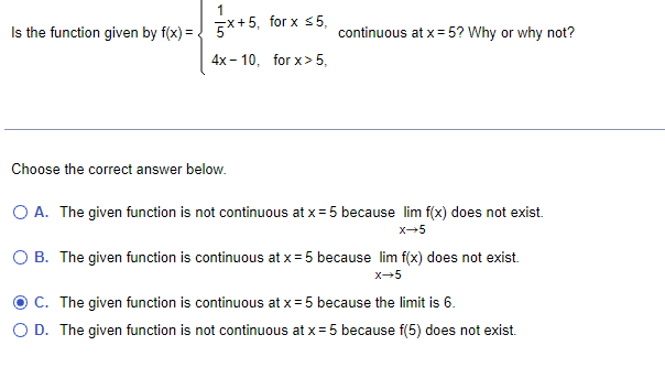 Solved Is the function given by f(x)={51x+5,4x−10, for x≤5, | Chegg.com