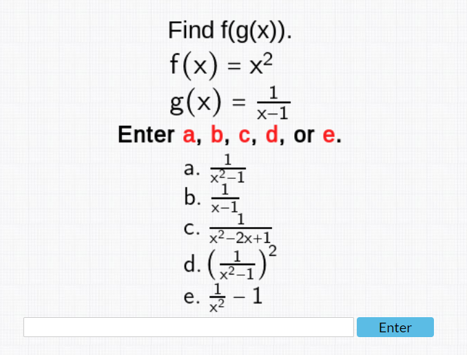 Solved Find f(g(x)) f(x)=x2g(x)=x−11 Enter a,b,c,d, or e. a. | Chegg.com