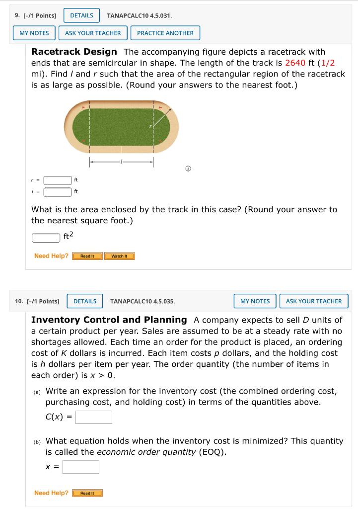 Solved 9. (-/1 Points) DETAILS TANAPCALC10 4.5.031. MY NOTES | Chegg.com