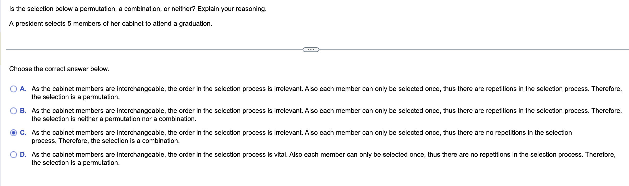 Solved Is the selection below a permutation, a combination, | Chegg.com