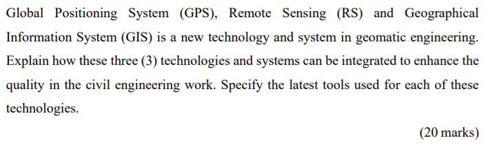 Solved Global Positioning System (GPS), Remote Sensing (RS) | Chegg.com