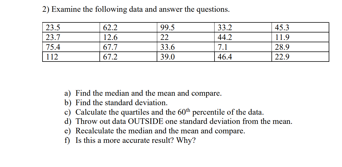 Solved 2) Examine the following data and answer the | Chegg.com