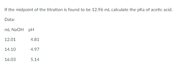 Solved If the midpoint of the titration is found to be 12.96 | Chegg.com