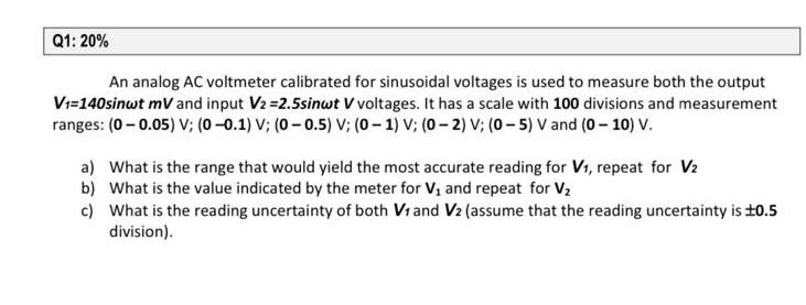 Solved Q1: 20% An analog AC voltmeter calibrated for | Chegg.com