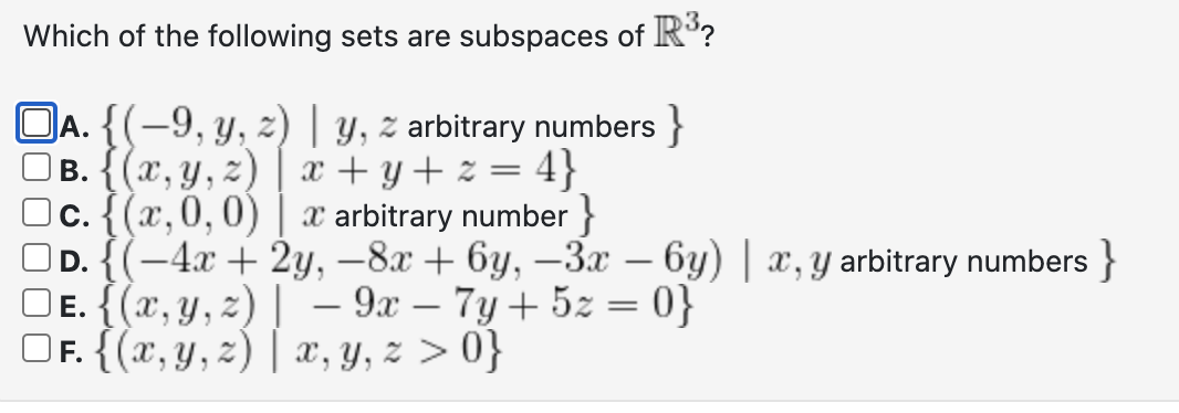 Solved Which of the following sets are subspaces of R3 ? A. | Chegg.com