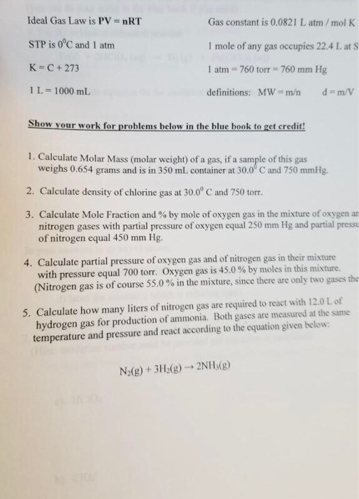 Solved Ideal Gas Law/is PV = nRT Gas constant is 0.0821 L | Chegg.com