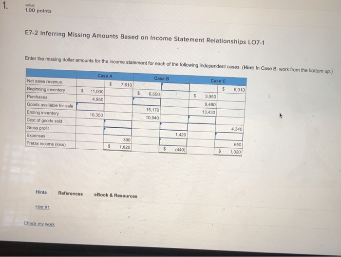 Solved 1. velue .00 points E7-2 Inferring Missing Amounts | Chegg.com