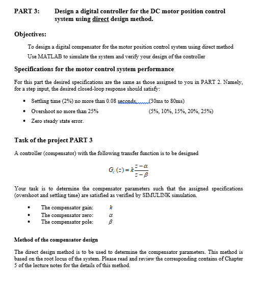 Solved PART 3: Design a digital controller for the DC motor | Chegg.com