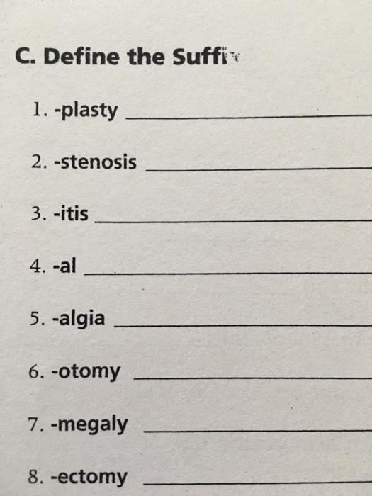 Solved C. Define the Suffi 1. -plasty 2. -stenosis 3. -itis | Chegg.com