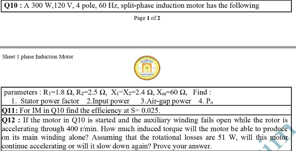 Solved Page 1 of 2 Sheet 1 phase Induction Motor parameters | Chegg.com