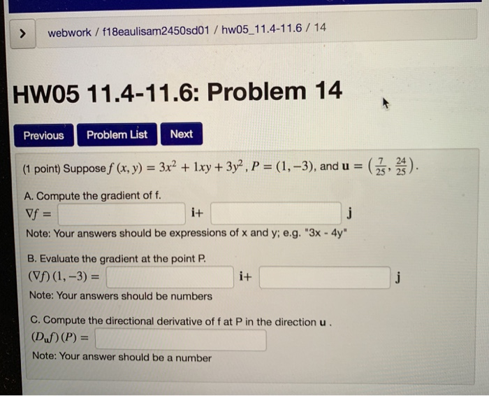Solved > webwork / f18eaulisam2450sd01 / hw05 11.4-11.6/14 | Chegg.com
