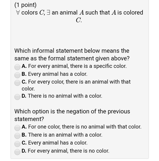 Solved (1 point) V colors C, 3 an animal A such that A is | Chegg.com