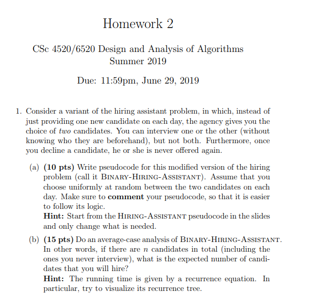 Solved Homework 2 CSc 4520/6520 Design and Analysis of | Chegg.com