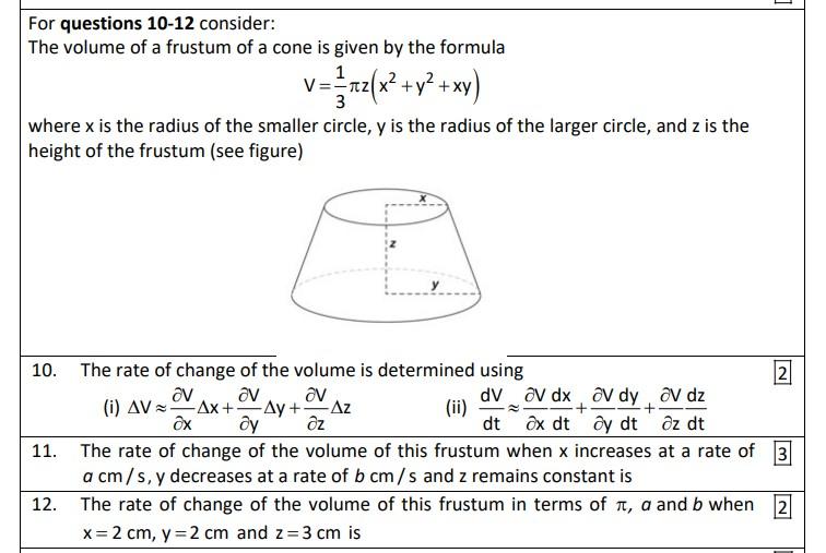 Solved For questions 10-12 consider: The volume of a frustum | Chegg.com