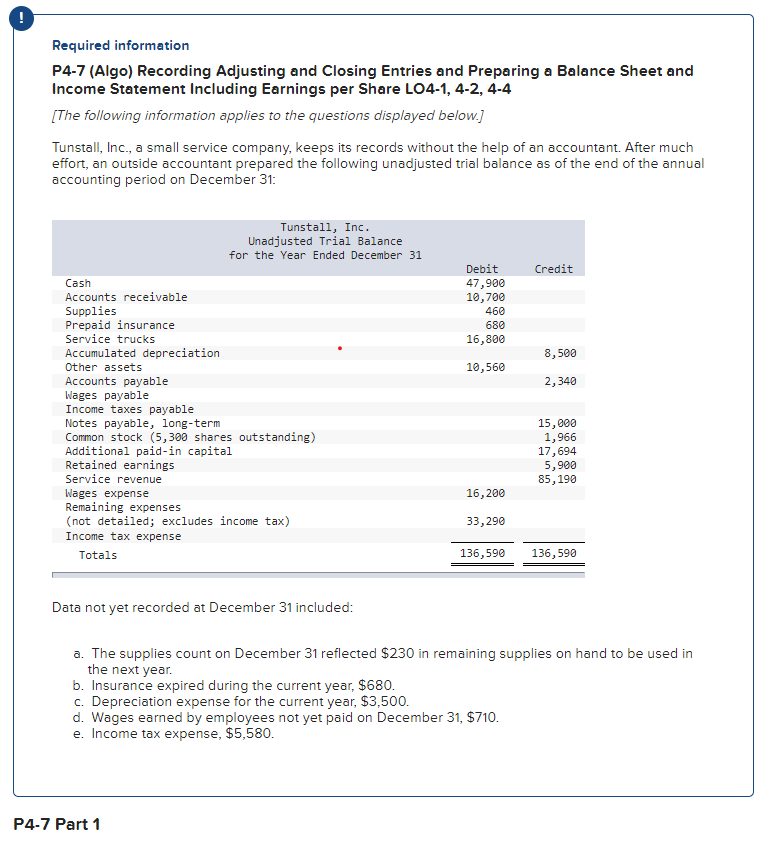 Solved Required information P4-7 (Algo) Recording Adjusting | Chegg.com