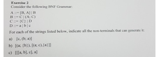 Solved Exercise 2 Consider the following BNF Grammar: A [B, | Chegg.com