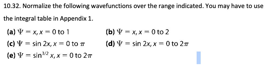 Solved 10.32. Normalize the following wavefunctions over the | Chegg.com