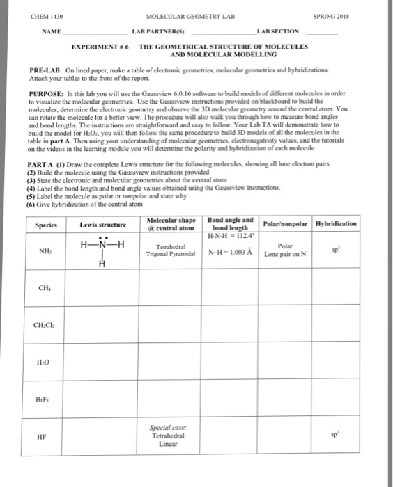 Solved CHEM 1430 MOLECULAR GEOMETRY LAB SPRING 2018 NAME LAB | Chegg.com