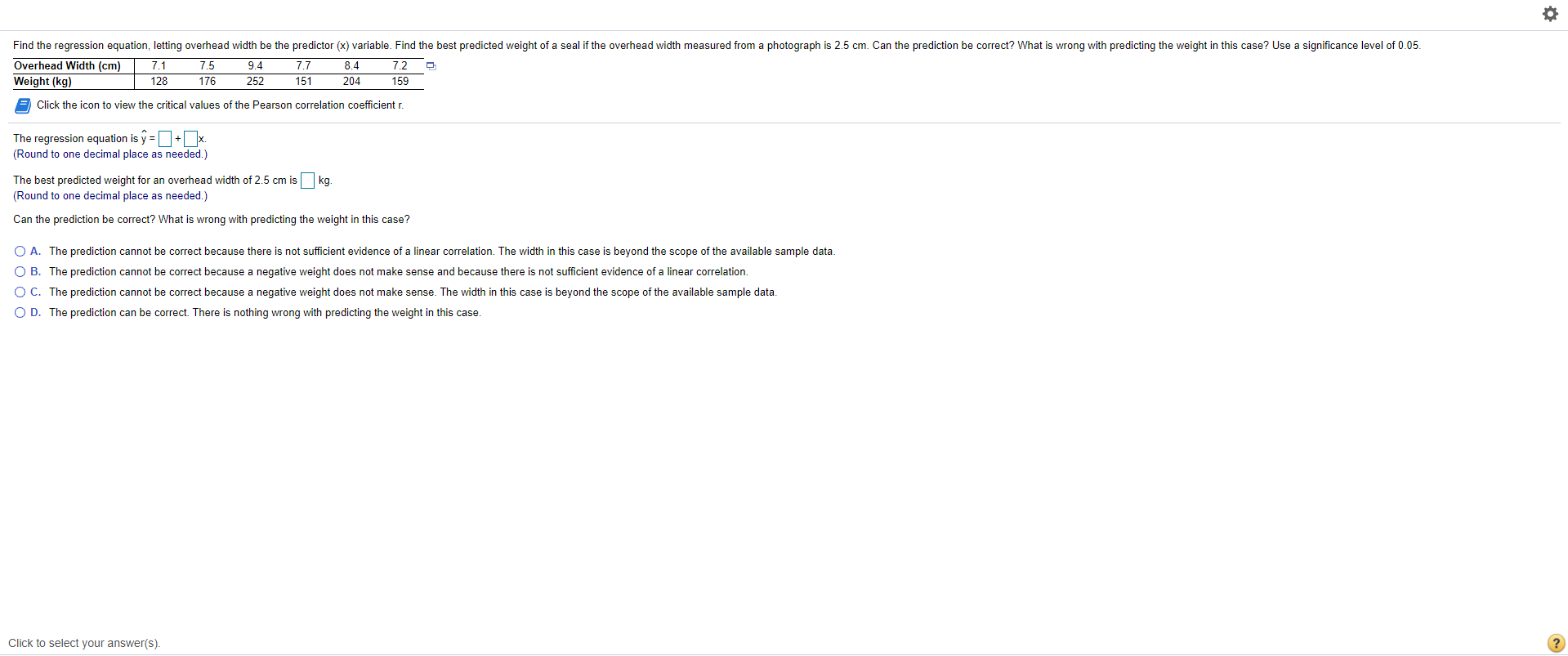 Solved Find the regression equation, letting overhead width | Chegg.com