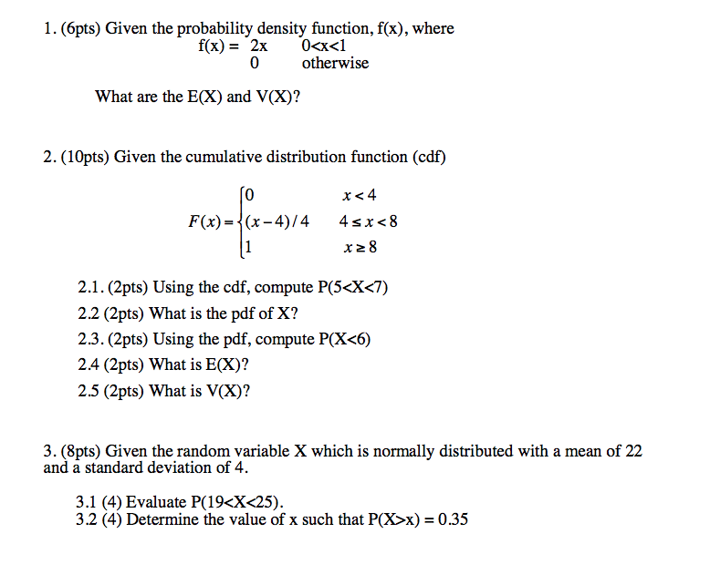 Solved 1. (6pts) Given the probability density function, | Chegg.com