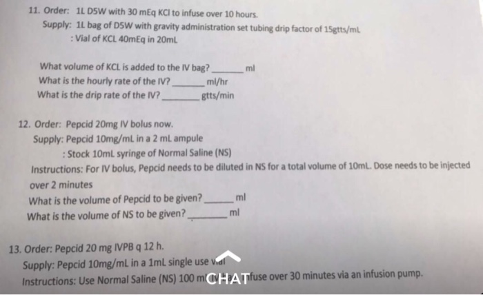 Solved 11. Order: 1L DSW with 30 mEq KCI to infuse over 10 | Chegg.com