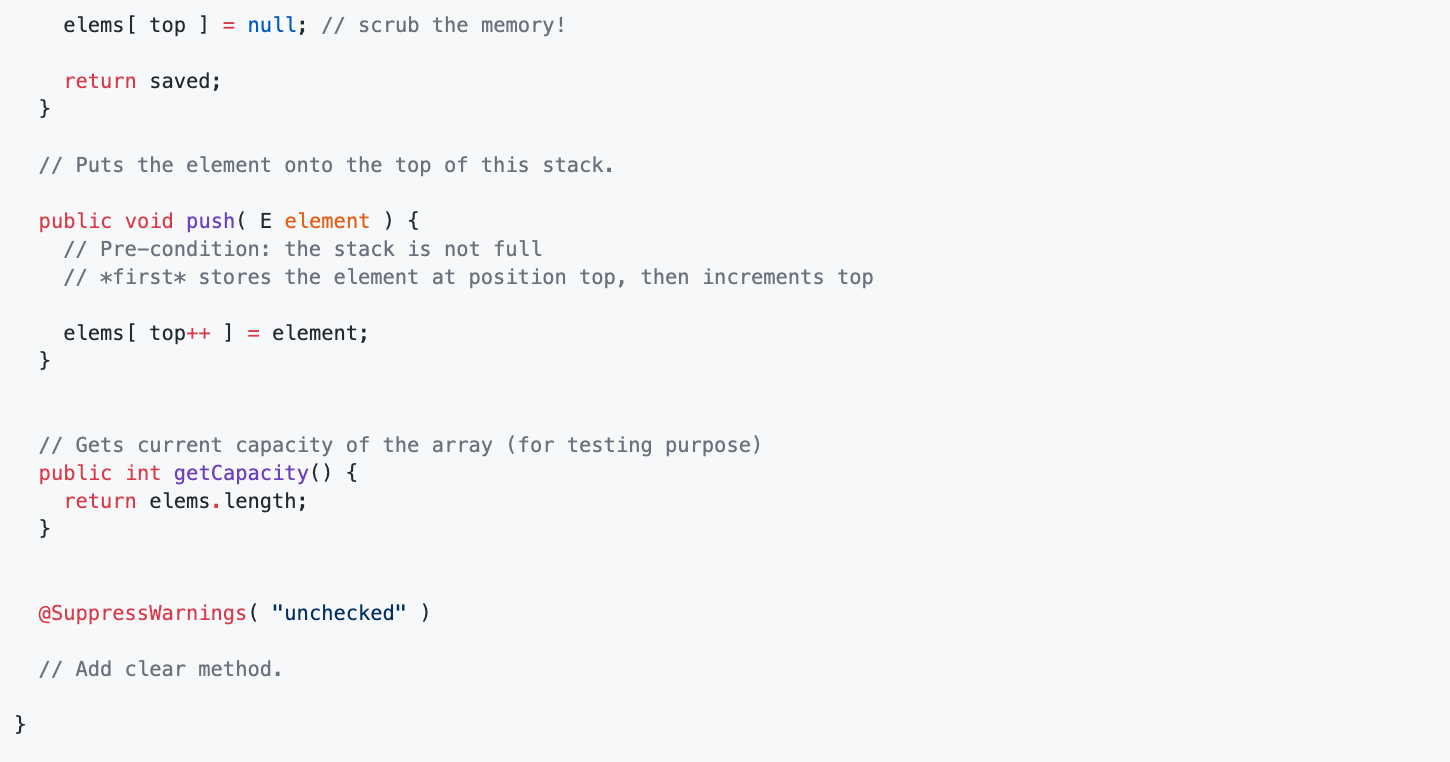 Solved 1.1 Modify the interface Stack: add a method clear() | Chegg.com Solved 1.1 Modify the interface Stack: add a method clear() | Chegg.com