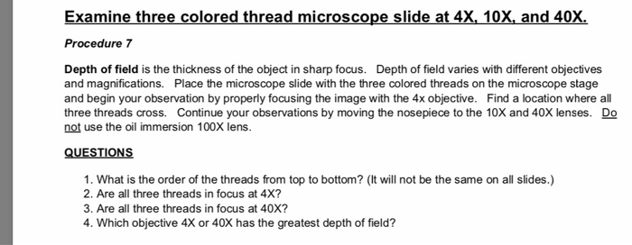 Solved Examine three colored thread microscope slide at 4X. | Chegg.com