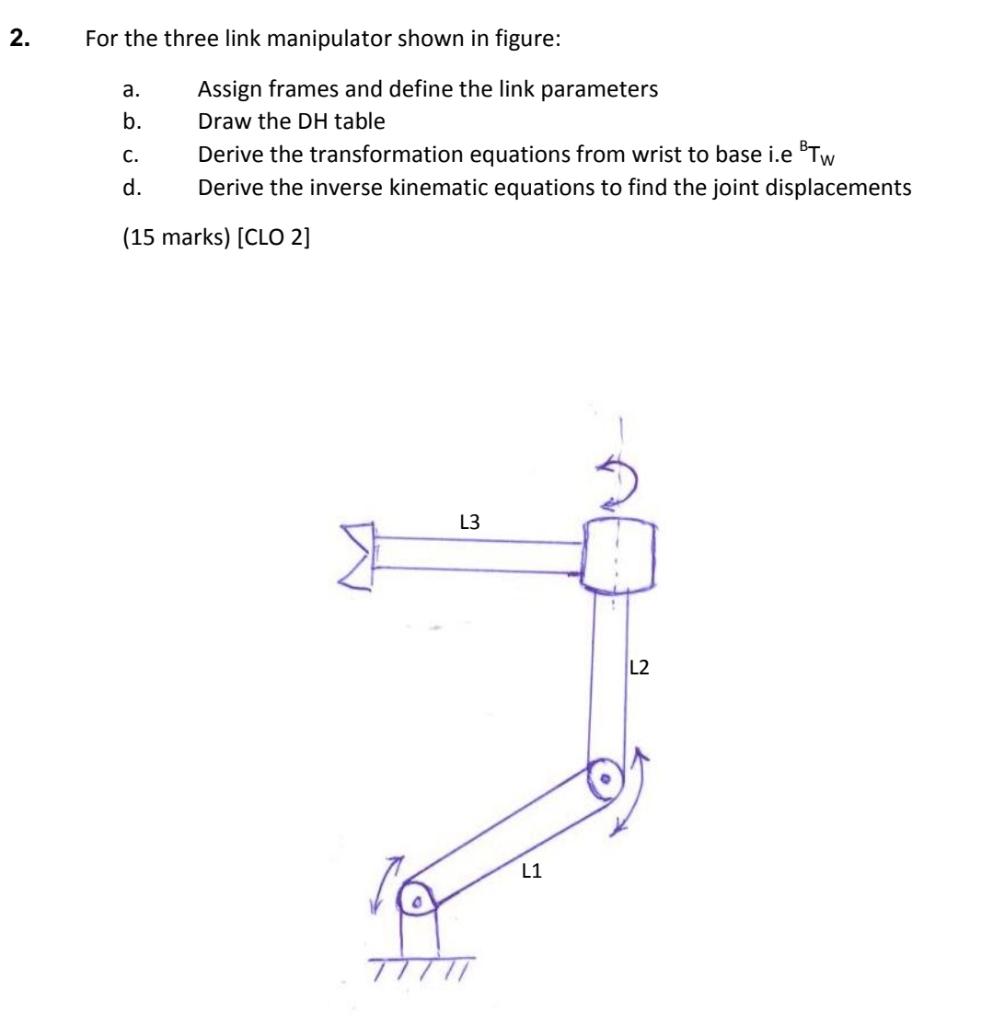Solved 2. For the three link manipulator shown in figure: a. | Chegg.com