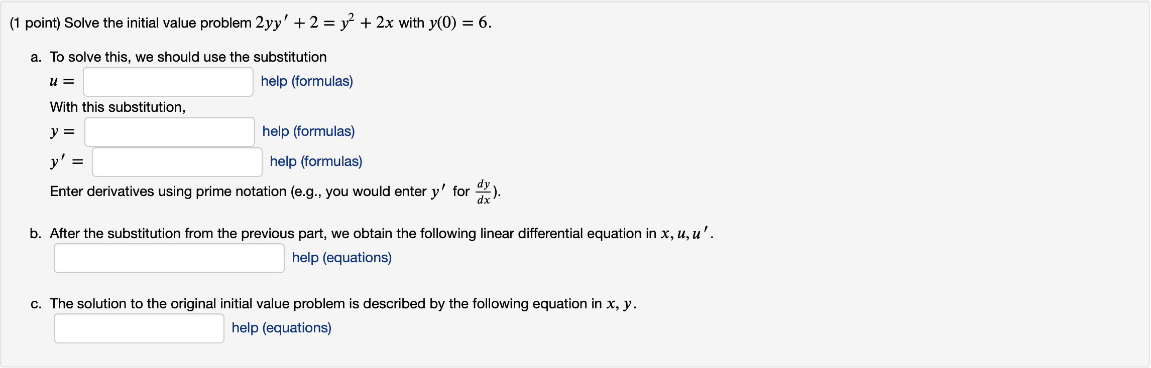 Solved (1 point) Solve the initial value problem 2yy' + 2 = | Chegg.com