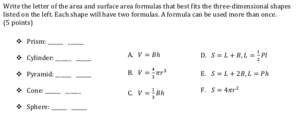 Solved Write the letter of the area and surface area | Chegg.com