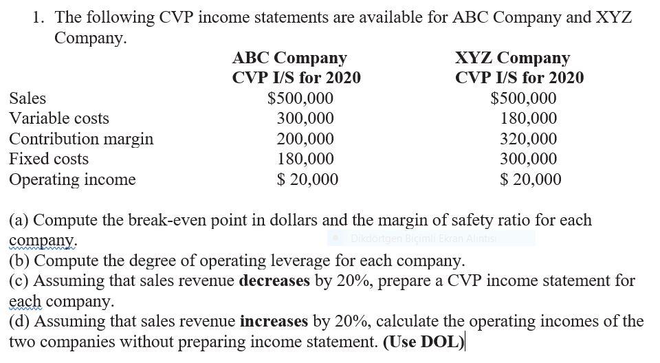 Solved 1. The following CVP income statements are available | Chegg.com