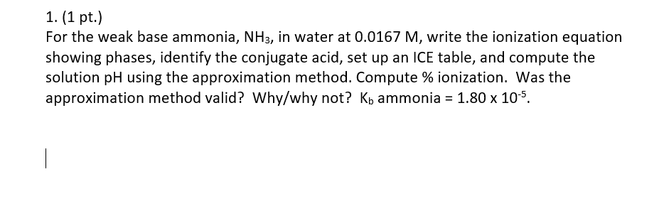 Solved 1. (1 pt.) For the weak base ammonia, NH3, in water | Chegg.com