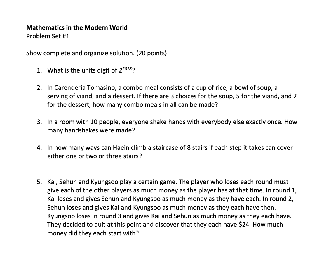 Solved Mathematics in the Modern World Problem Set \#1 Show | Chegg.com