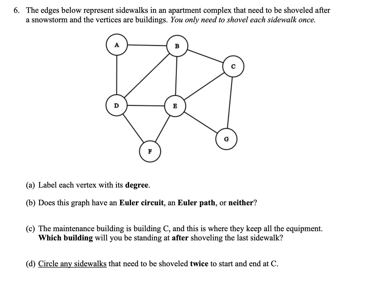 Solved 6. The edges below represent sidewalks in an | Chegg.com