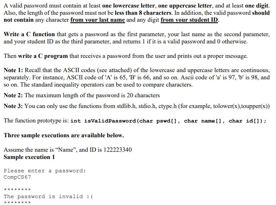 Solved A valid password must contain at least one lowercase | Chegg.com