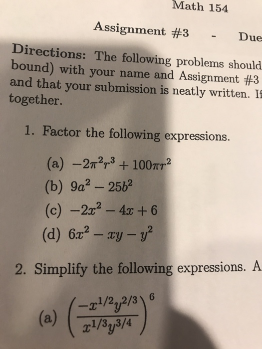 Solved Math 154 Assignment #3 - Due Directions: The | Chegg.com