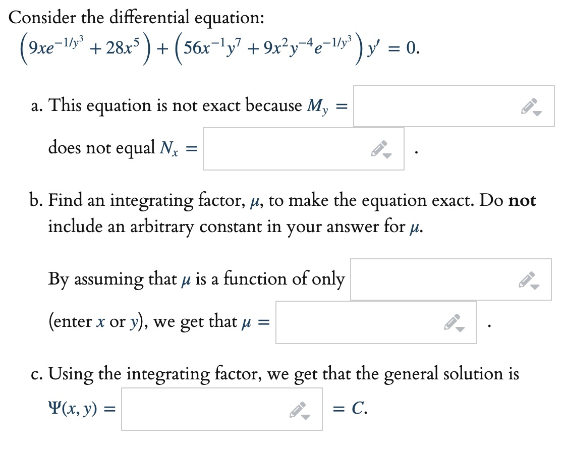 Solved Consider the differential equation: (9xe=1/+28x5) + | Chegg.com