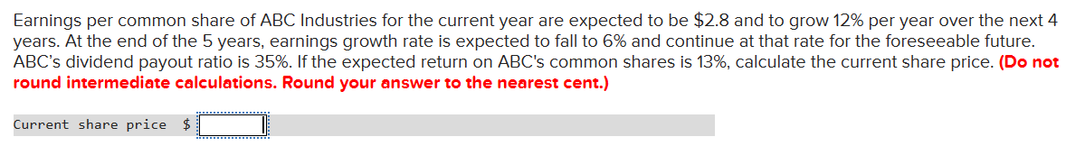 Solved Earnings per common share of ABC Industries for the | Chegg.com