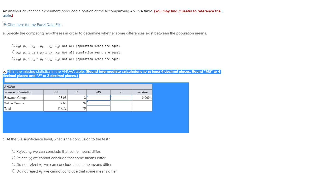 Solved An analysis of variance experiment produced a portion | Chegg.com