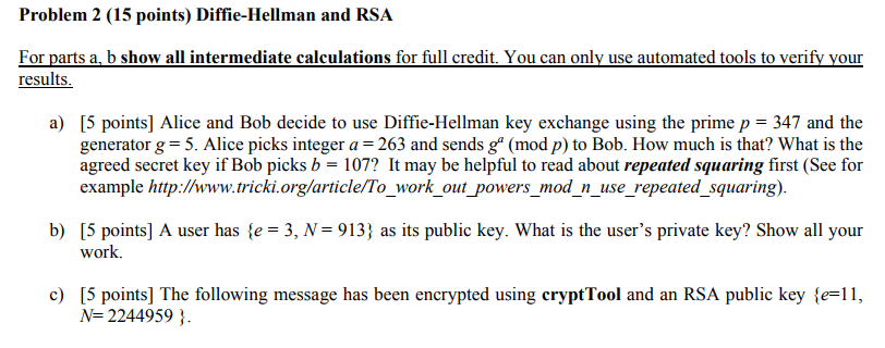 Solved Problem 2 (15 points) Diffie-Hellman and RSA For | Chegg.com