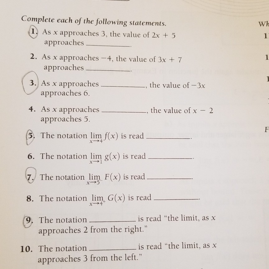 Solved Complete each of the following statements. Wh 1, As x | Chegg.com