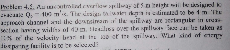 Solved Problem 4.5: An uncontrolled overflow spillway of 5 m | Chegg.com