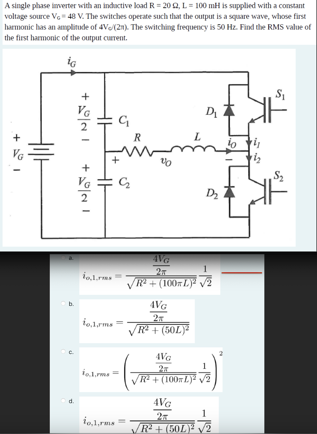 Solved A single phase inverter with an inductive load R = 20 | Chegg.com
