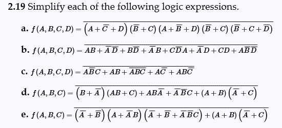 Solved 2.19 Simplify each of the following logic | Chegg.com