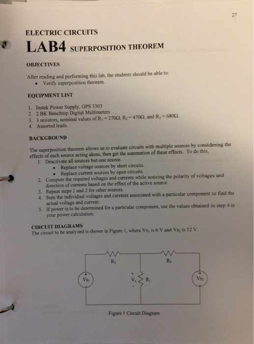 Solved 27 ELECTRIC CIRCUITS LAB4 SUPERPOSITION THEOREM | Chegg.com