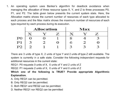 Solved 1. An operating system uses Banker's algorithm for | Chegg.com