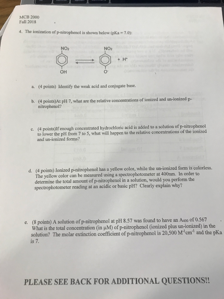 Solved MCB 2000 Fall 2018 4. The ionization of p-nitrophenol | Chegg.com