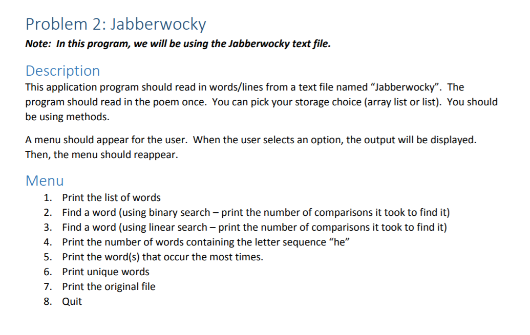 Problem 2: Jabberwocky Note: In this program, we will | Chegg.com