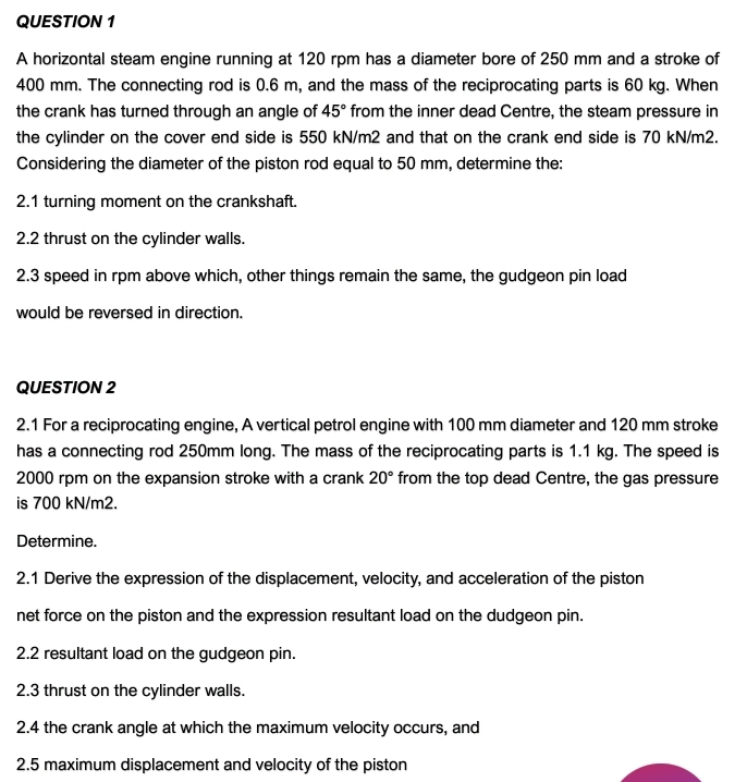 QUESTION 1 ﻿A horizontal steam engine running at 120 | Chegg.com