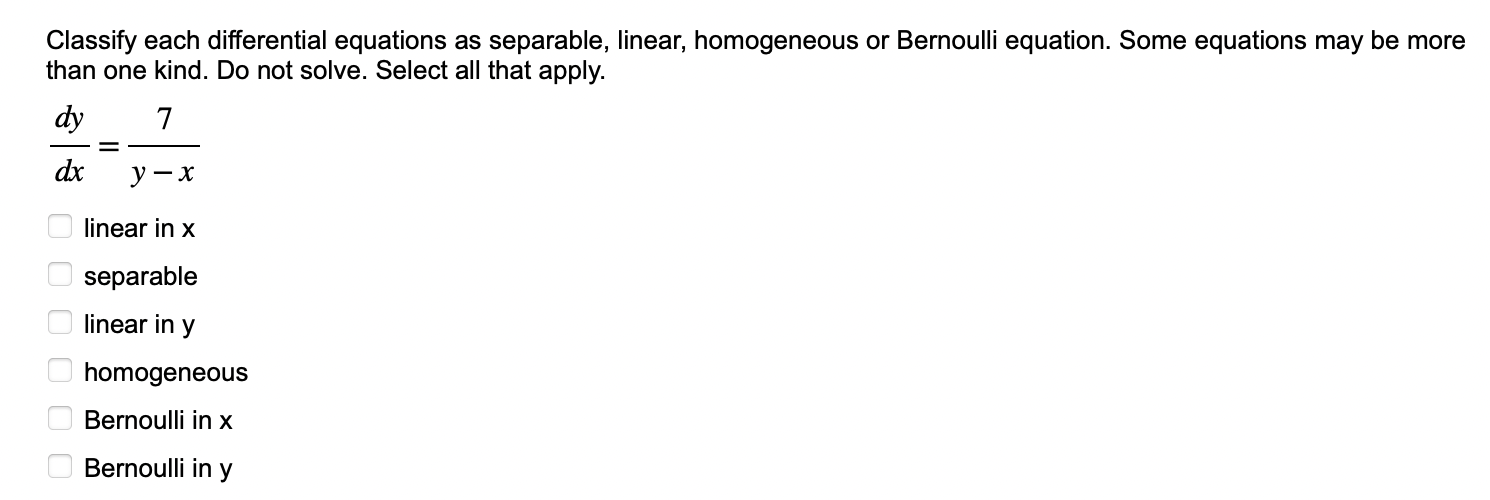 Solved Classify each differential equations as separable, | Chegg.com